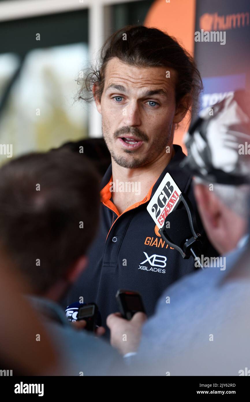 GWS Giants co-captain Phil Davis speaks to the media during a press ...