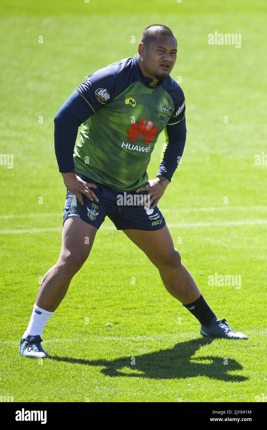 Joseph Leilua of the Raiders stretches during a training session at GIO ...