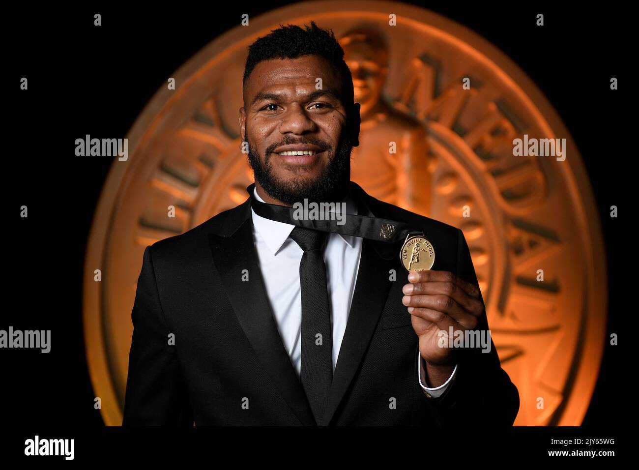 Parramatta Eels player Maika Sivo poses for a photograph after winning the Ken Stephens Medal ...