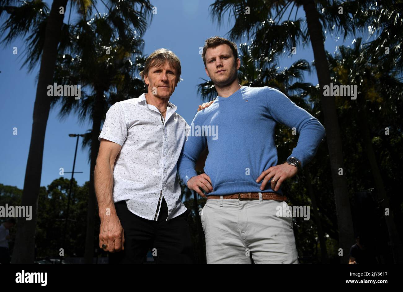 Australian boxer Jeff Horn (right) and his trainer Glenn Rushton pose ...