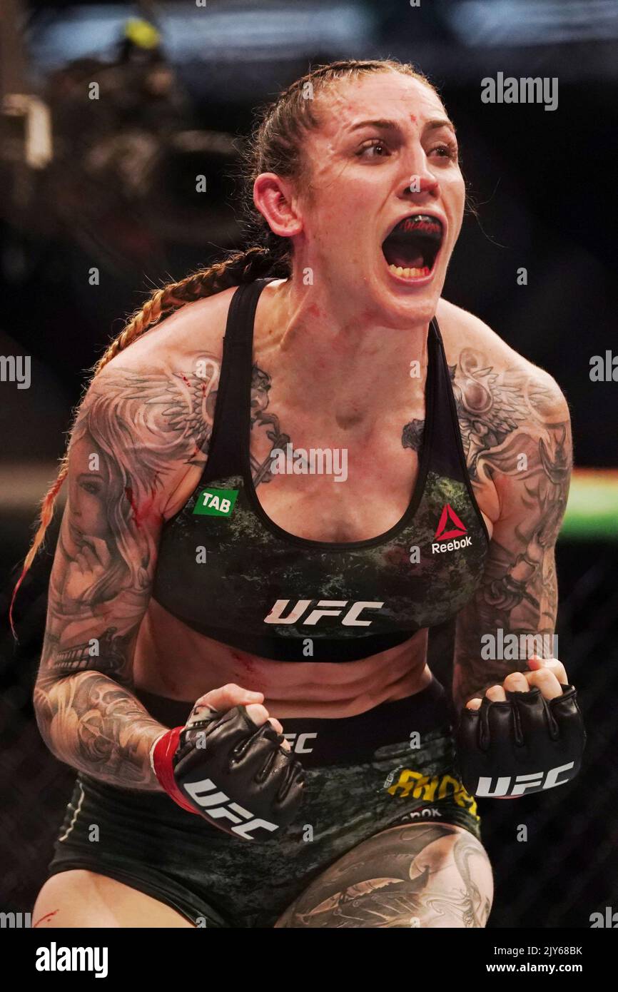 Megan Anderson celebrates her win against Zarah Fairn during UFC 243 at ...