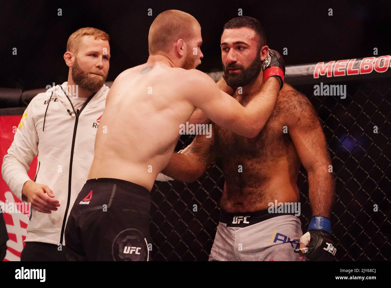 Jake Matthews and Rostem Akman compete during UFC 243 at Marvel Stadium ...