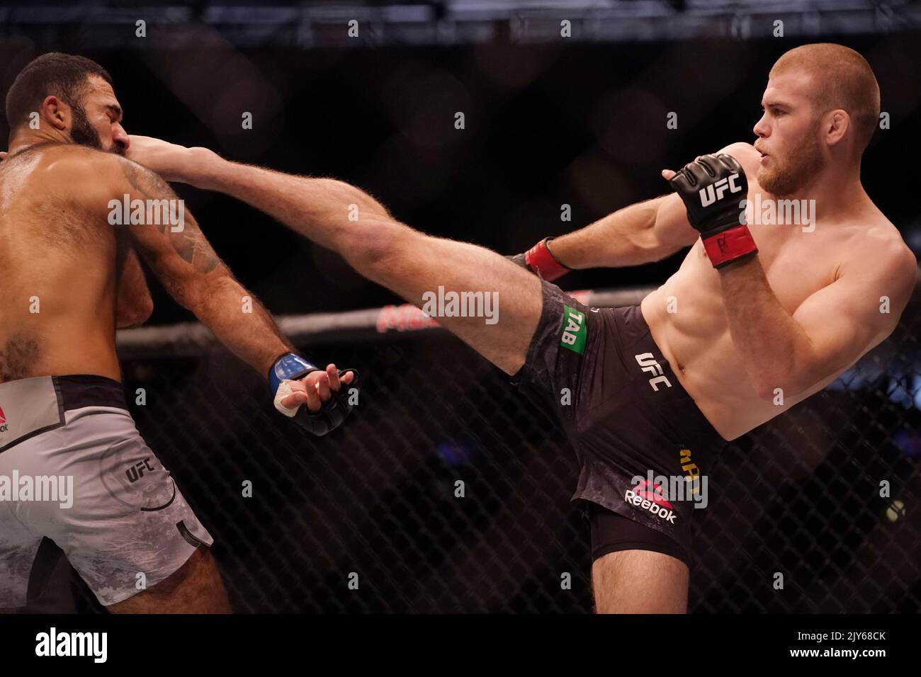 Jake Matthews and Rostem Akman compete during UFC 243 at Marvel Stadium ...