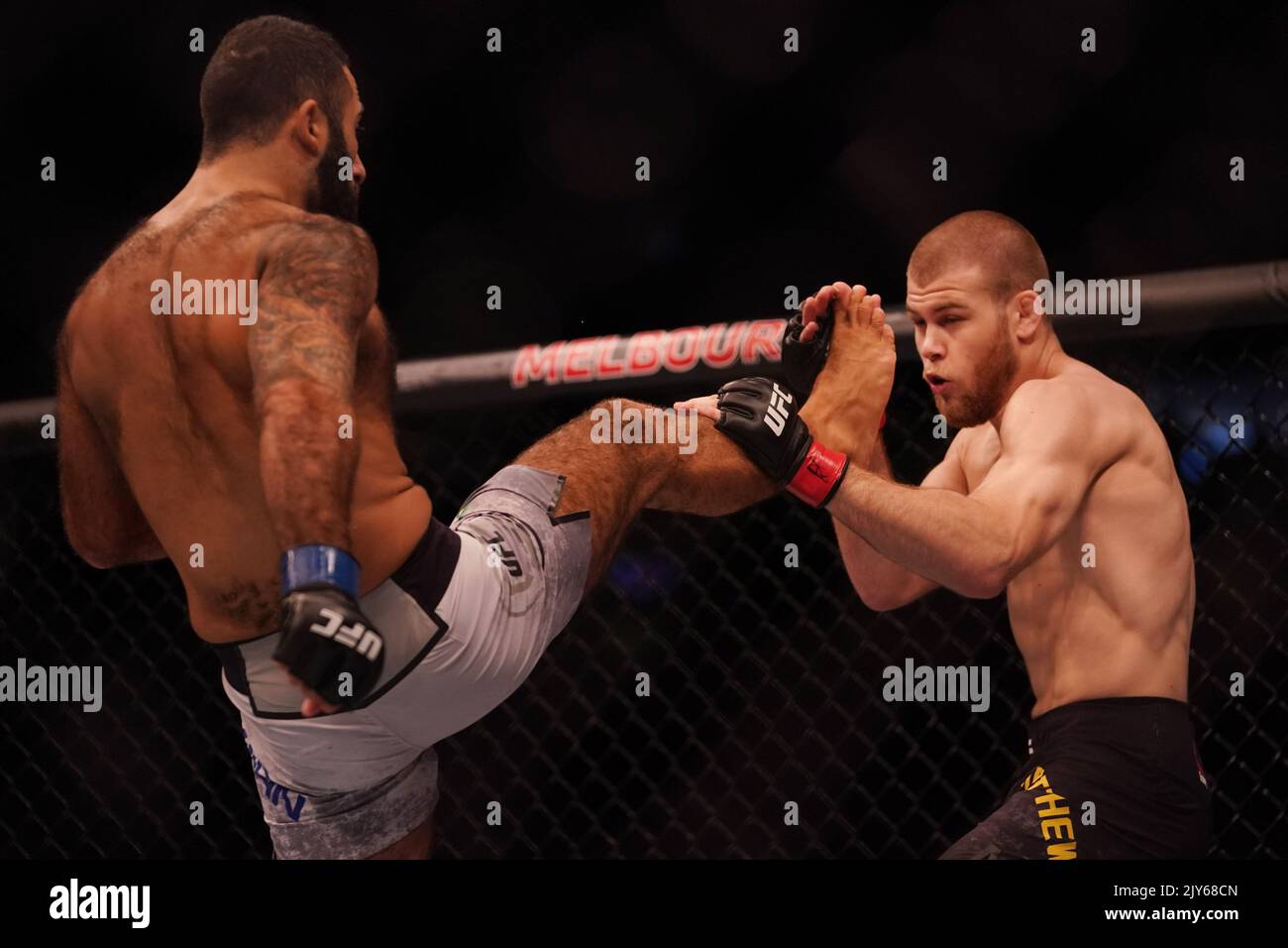 Jake Matthews and Rostem Akman compete during UFC 243 at Marvel Stadium ...