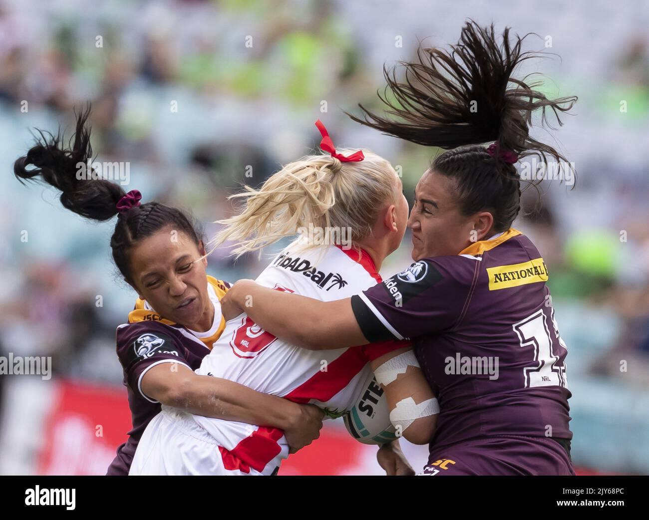 Keeley Davis of the Dragons is tackled during the 2019 NRLW Grand Final ...