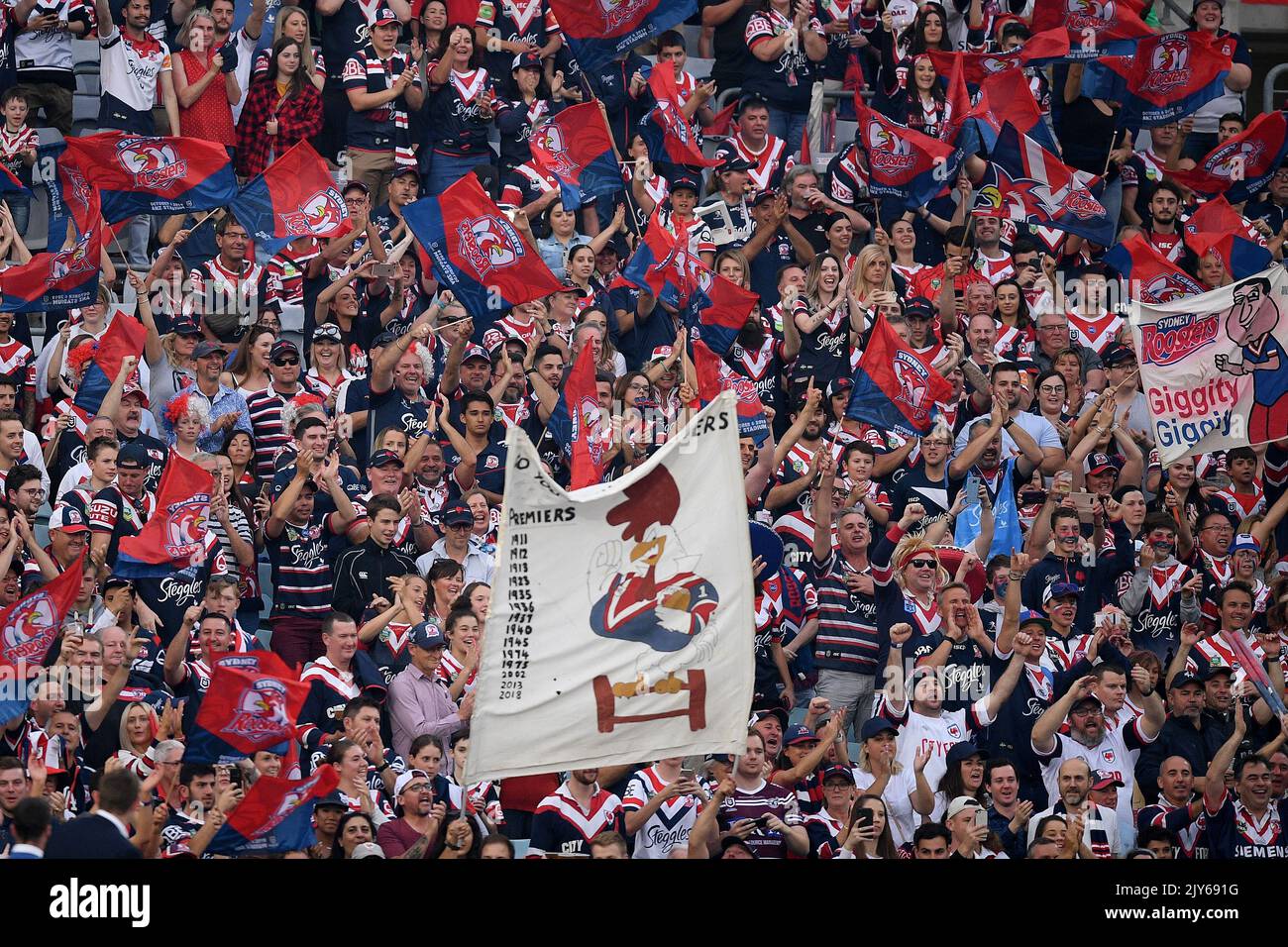 Roosters fans are seen ahead of the 2019 NRL Grand Final between the ...