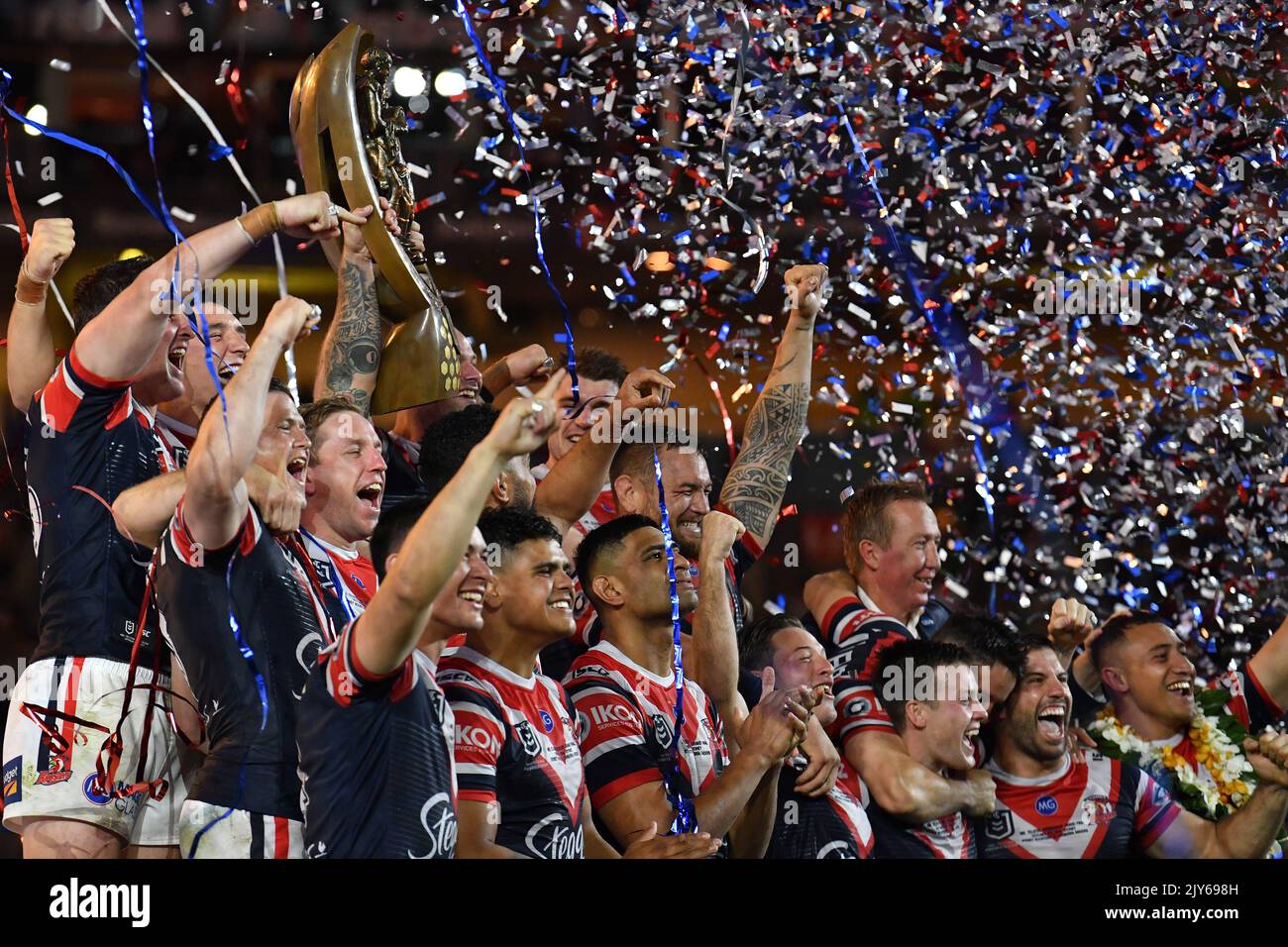 The Sydney Roosters celebrate after defeating the Raiders during the ...