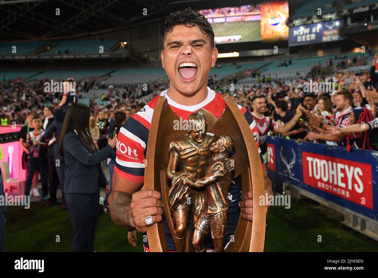 Latrell Mitchell of the Roosters celebrates following their win in the ...