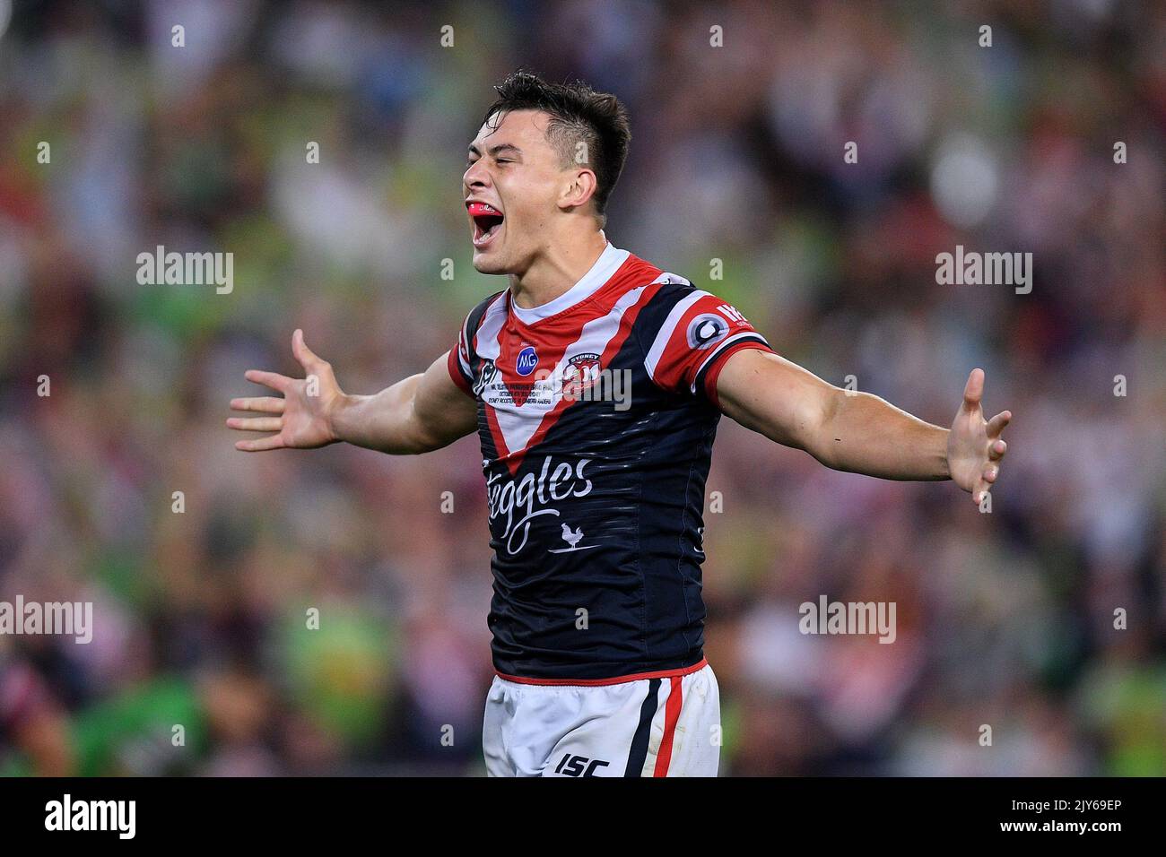 Joseph Manu of the Roosters celebrates following their win in the 2019 ...