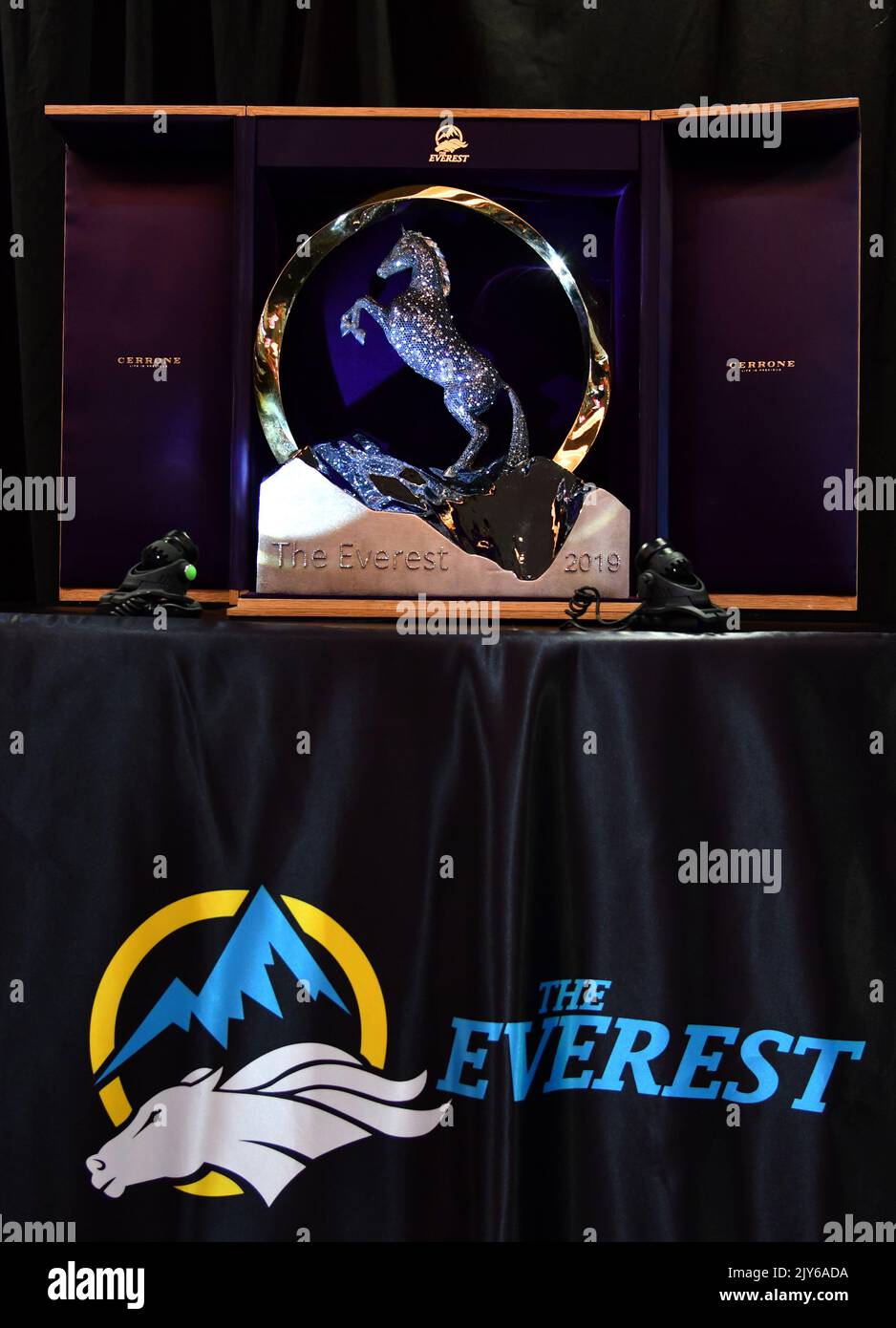 The Everest trophy is seen at the barrier draw for the Schillaci Stakes ...
