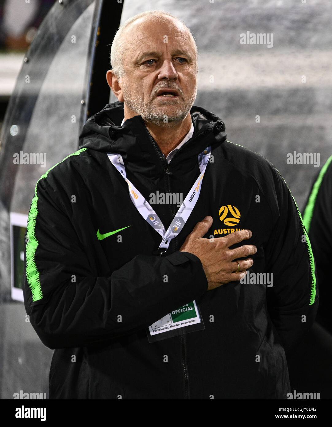 Graham Arnold listening to the National Anthem before the FIFA World ...