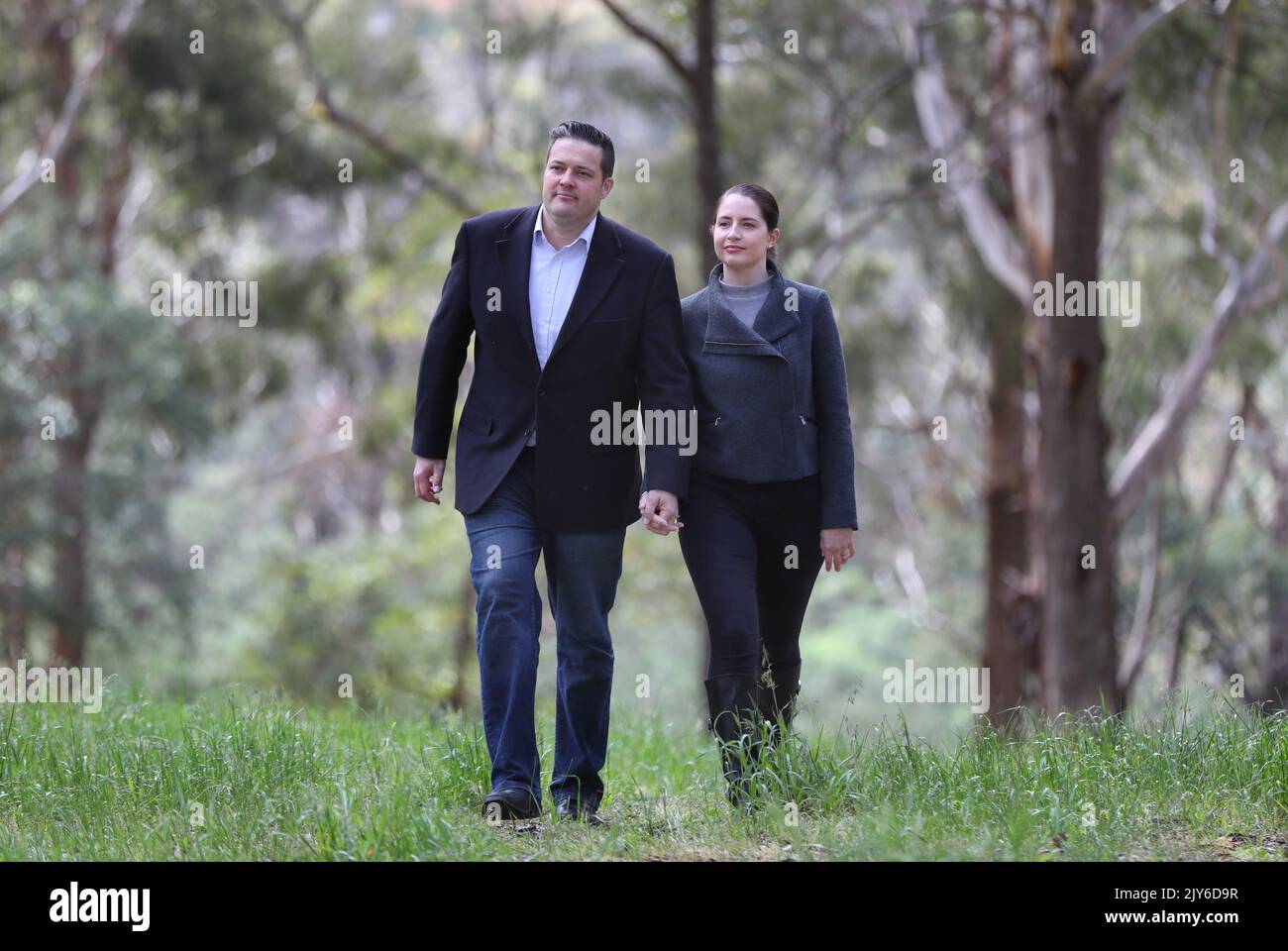 Victorian MP Will Fowles, with his wife Jessica, after a press ...
