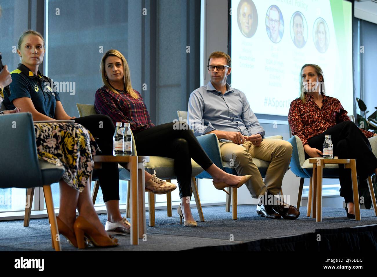 (L-R) Australian cricketer Alyssa Healy, former Matilda player and ...