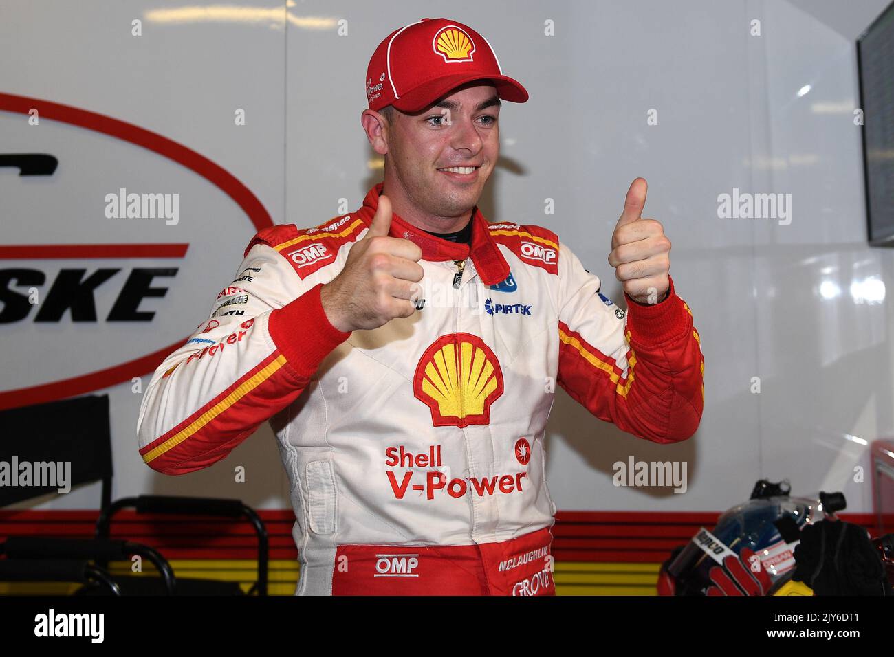 Scott McLaughlin of Shell V-Power Racing Team gestures after finishing ...