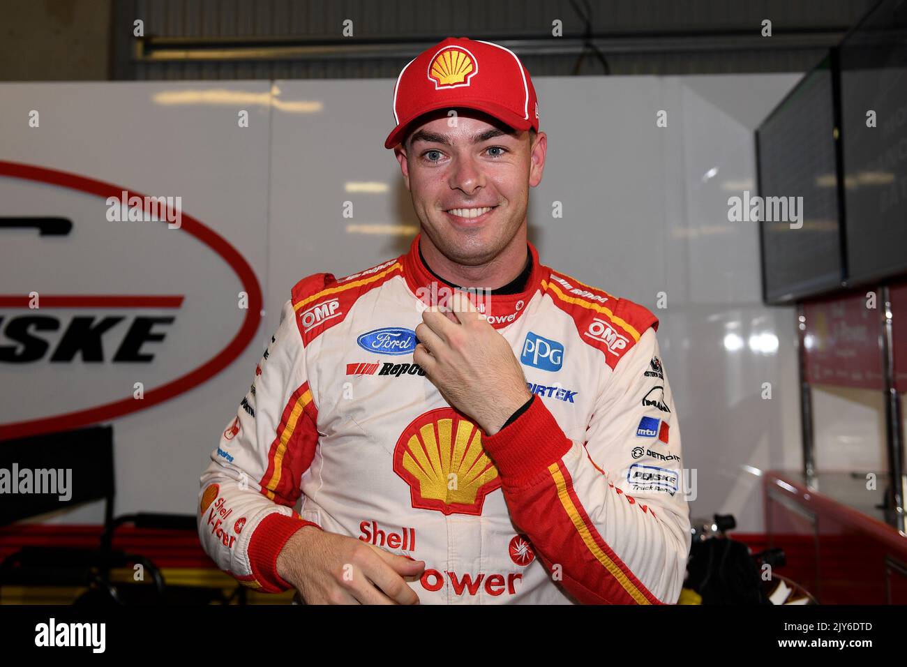 Scott McLaughlin of Shell V-Power Racing Team reacts after finishing in ...