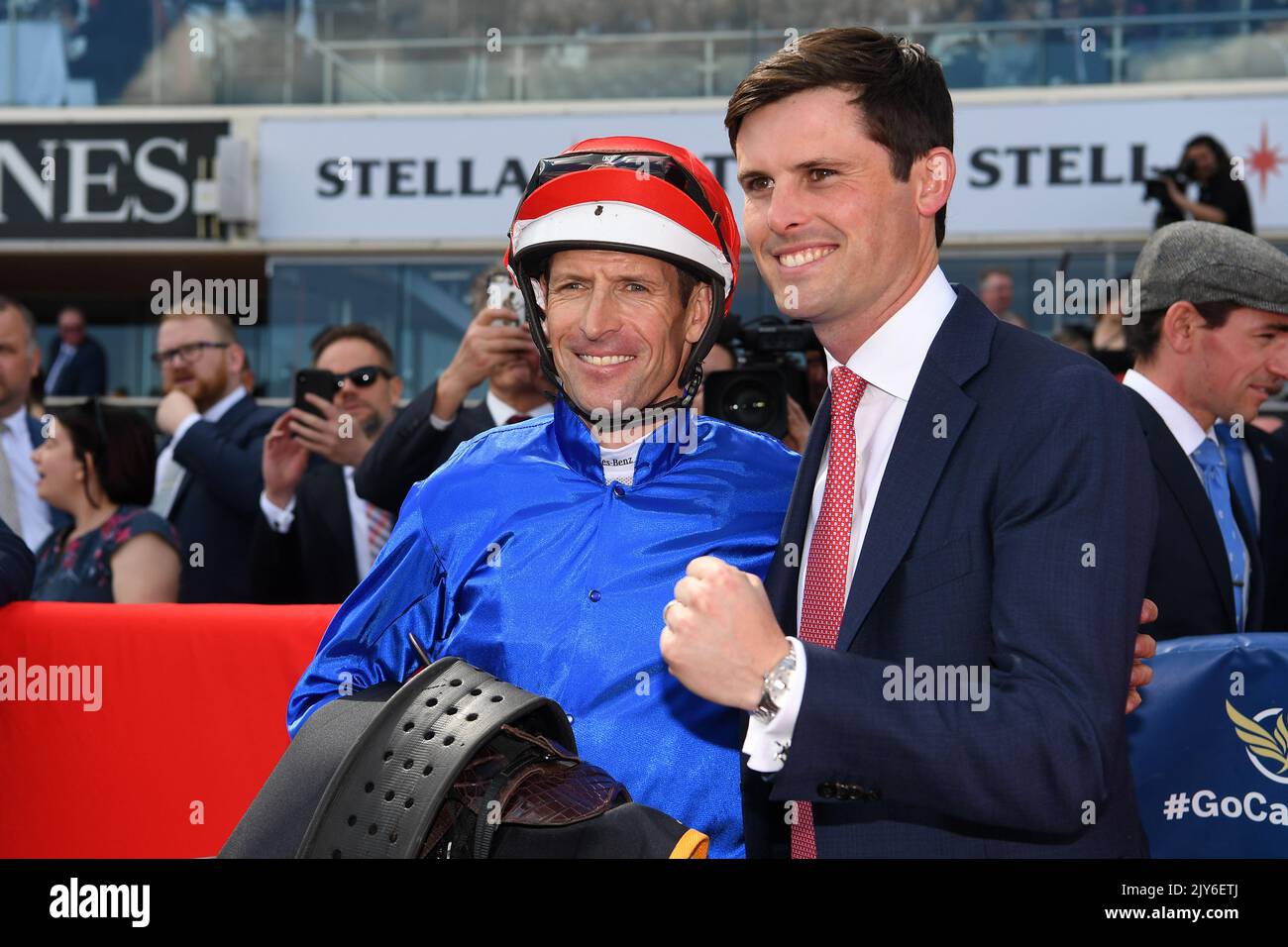Jockey Hugh Bowman (left) and trainer James Cummings pose for a ...