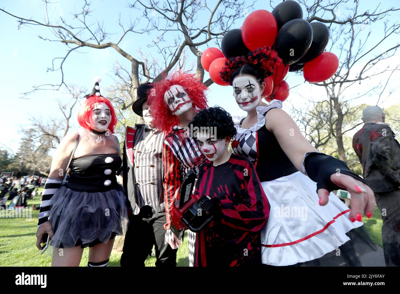 Participants pose for photographs during the 2019 Adelaide Zombie Walk ...