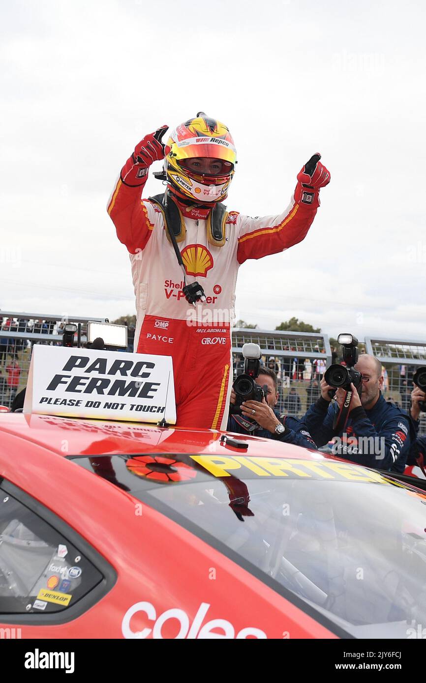 Scott McLaughlin gestures to his team after winning the Top Ten ...