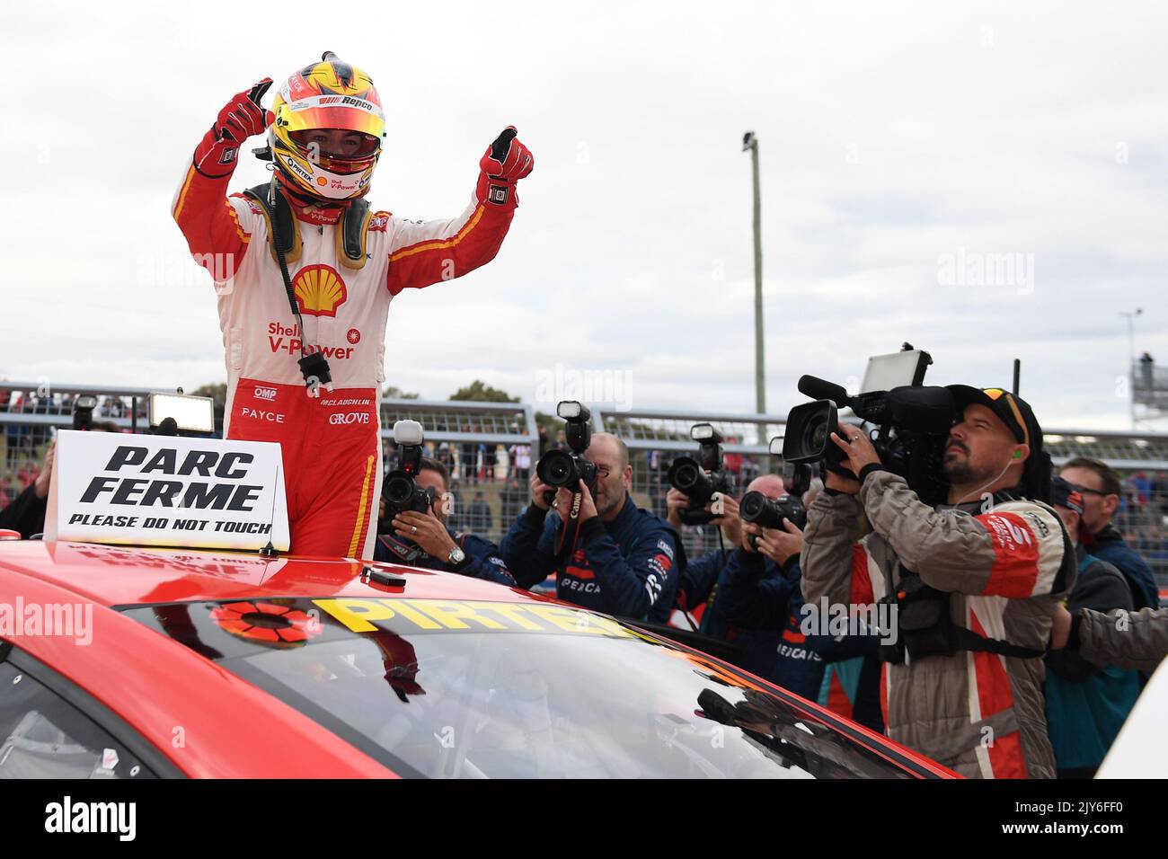 Scott McLaughlin gestures to his team after winning the Top Ten ...