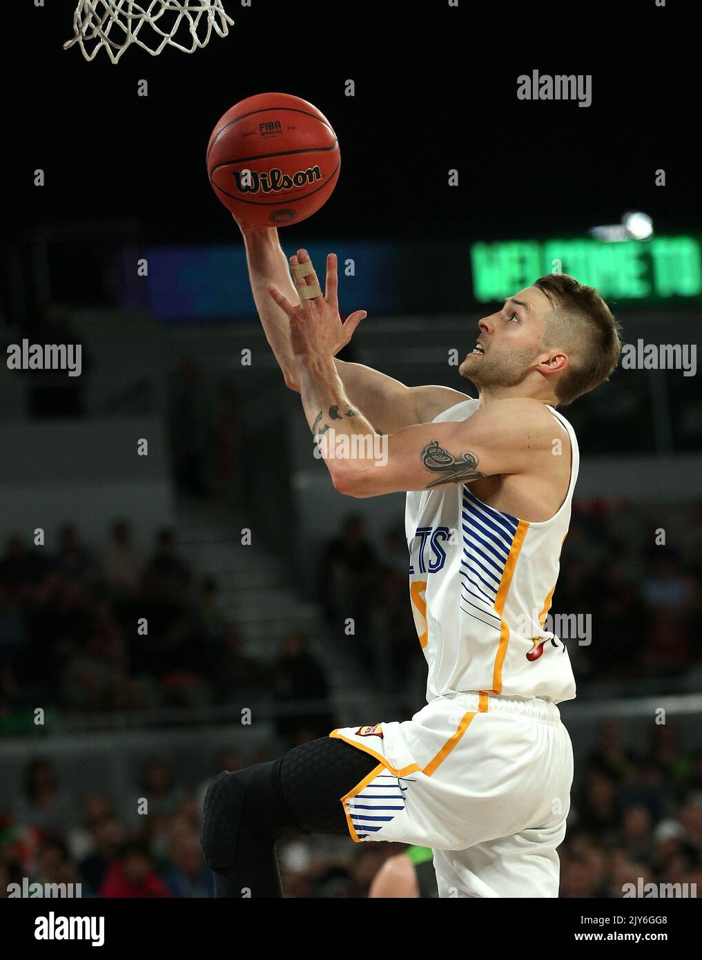 Nathan Sobey of Brisbane lays up during the NBL round two match between ...