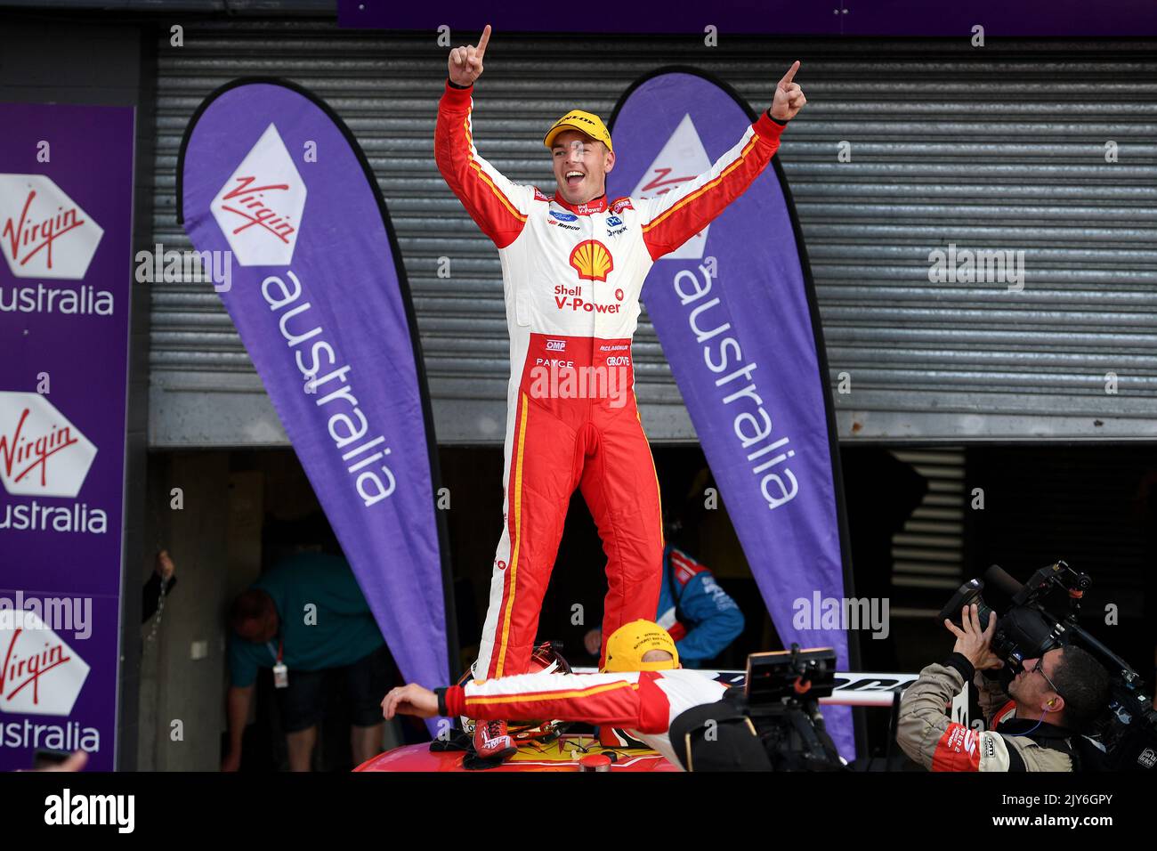 Scott McLaughlin of the Shell V-Power Racing Team celebrates his win in ...