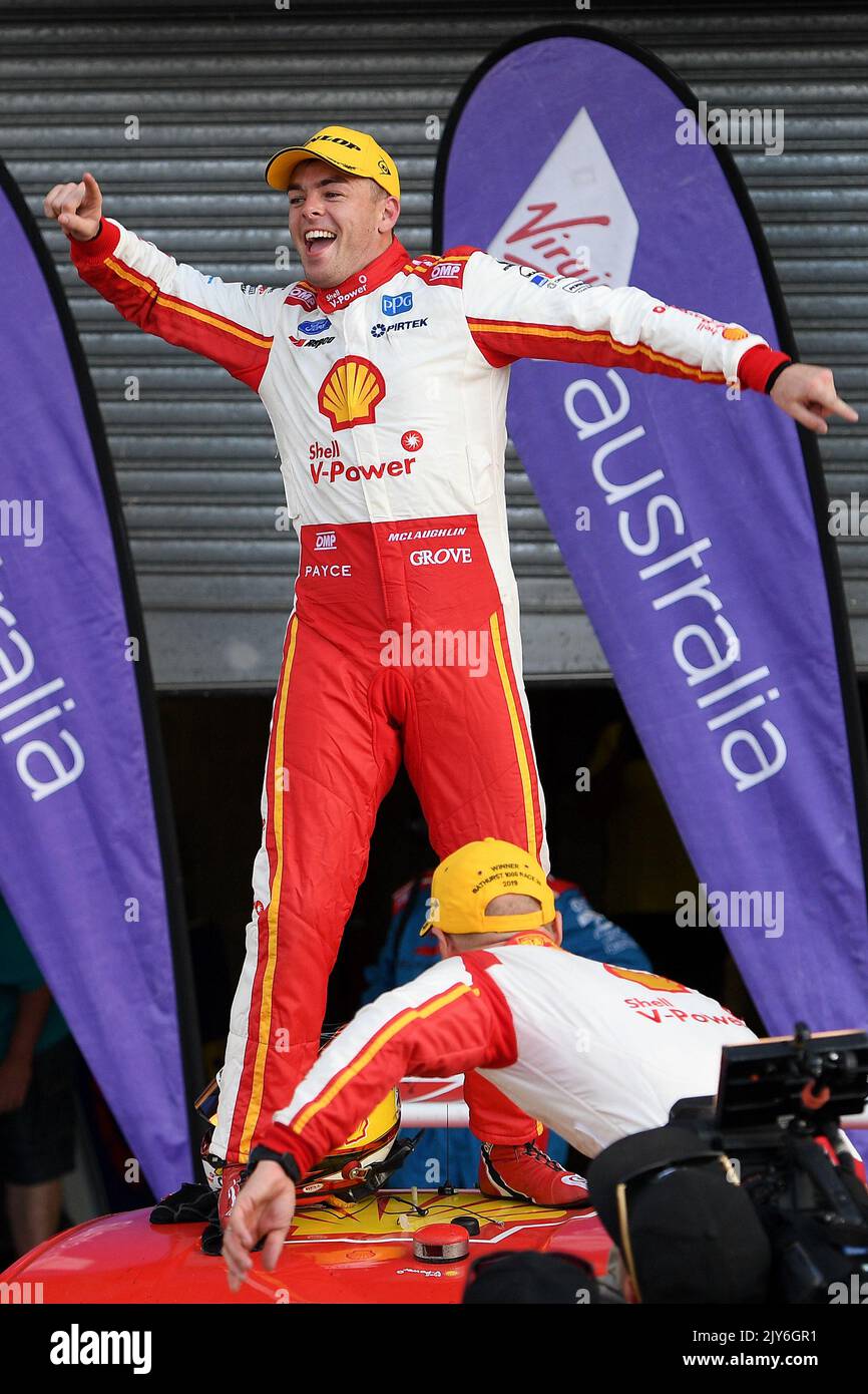 Scott McLaughlin of the Shell V-Power Racing Team celebrates his win in ...