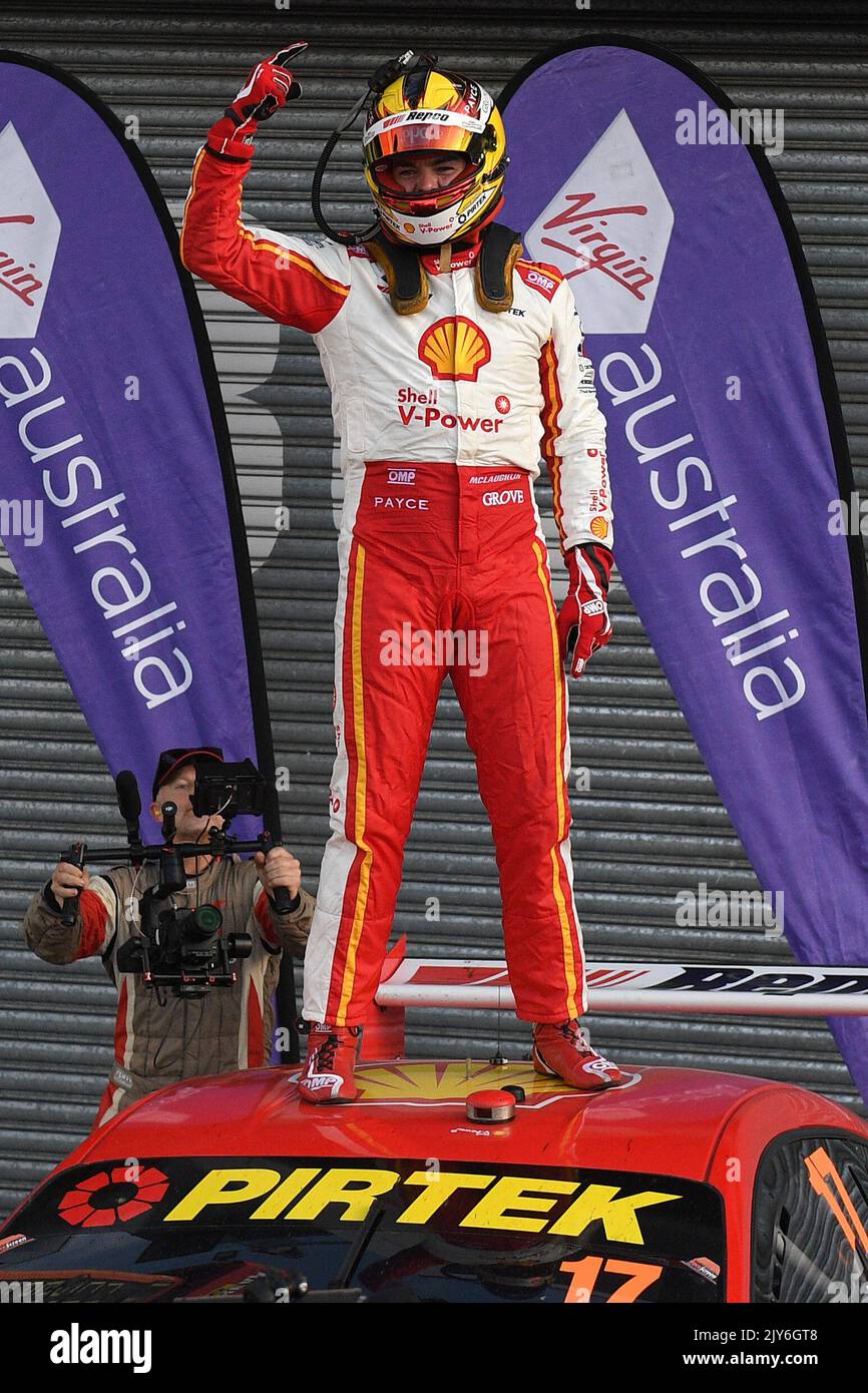 Scott McLaughlin of the Shell V-Power Racing Team celebrates his win in ...