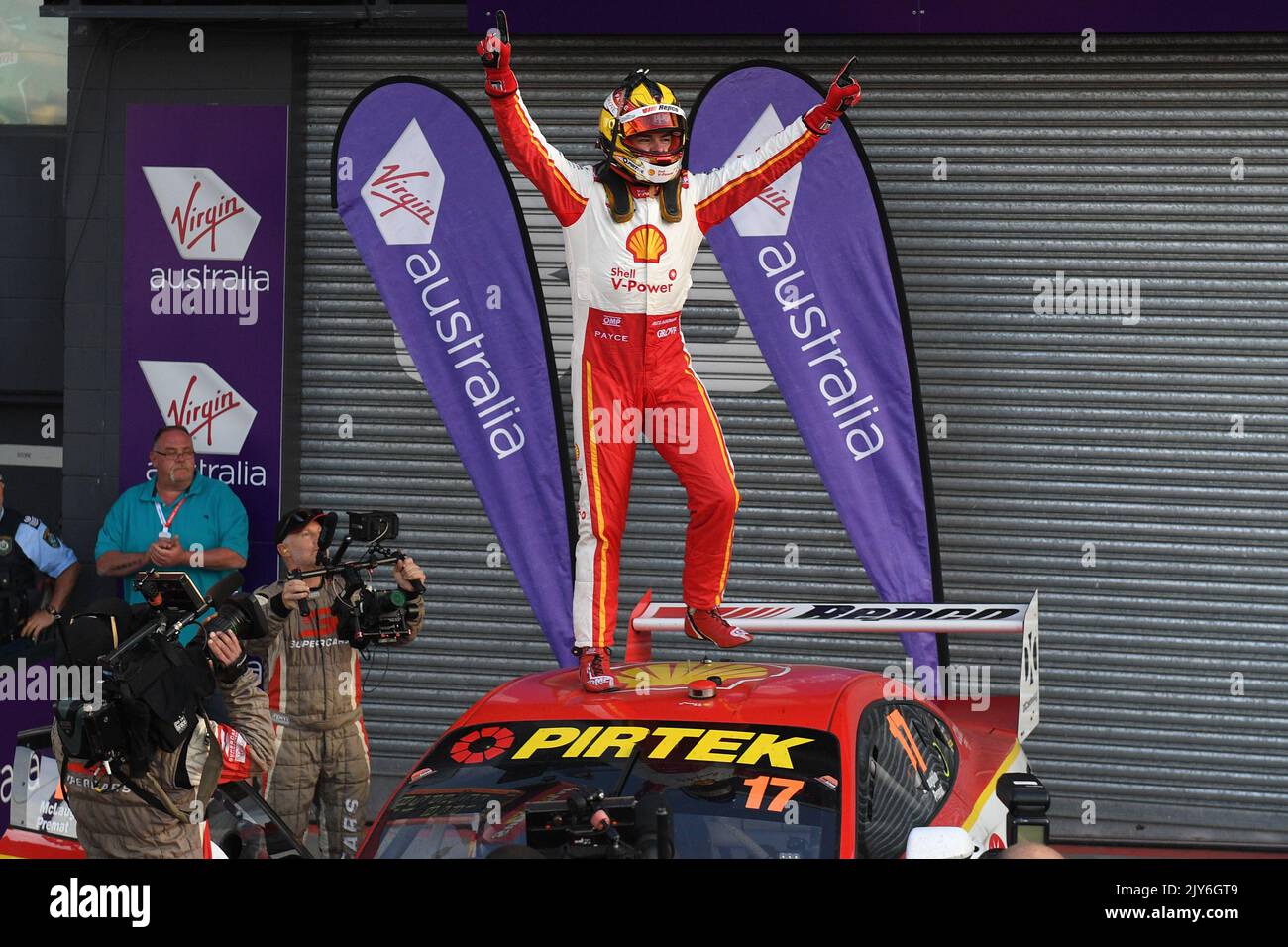 Scott McLaughlin of the Shell V-Power Racing Team celebrates his win in ...