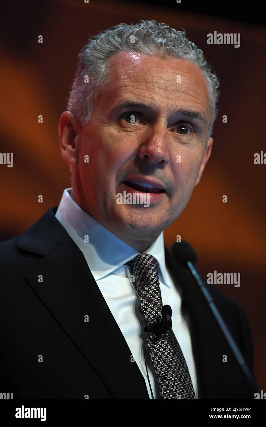 Telstra Chief Executive Officer Andy Penn addresses the floor during ...