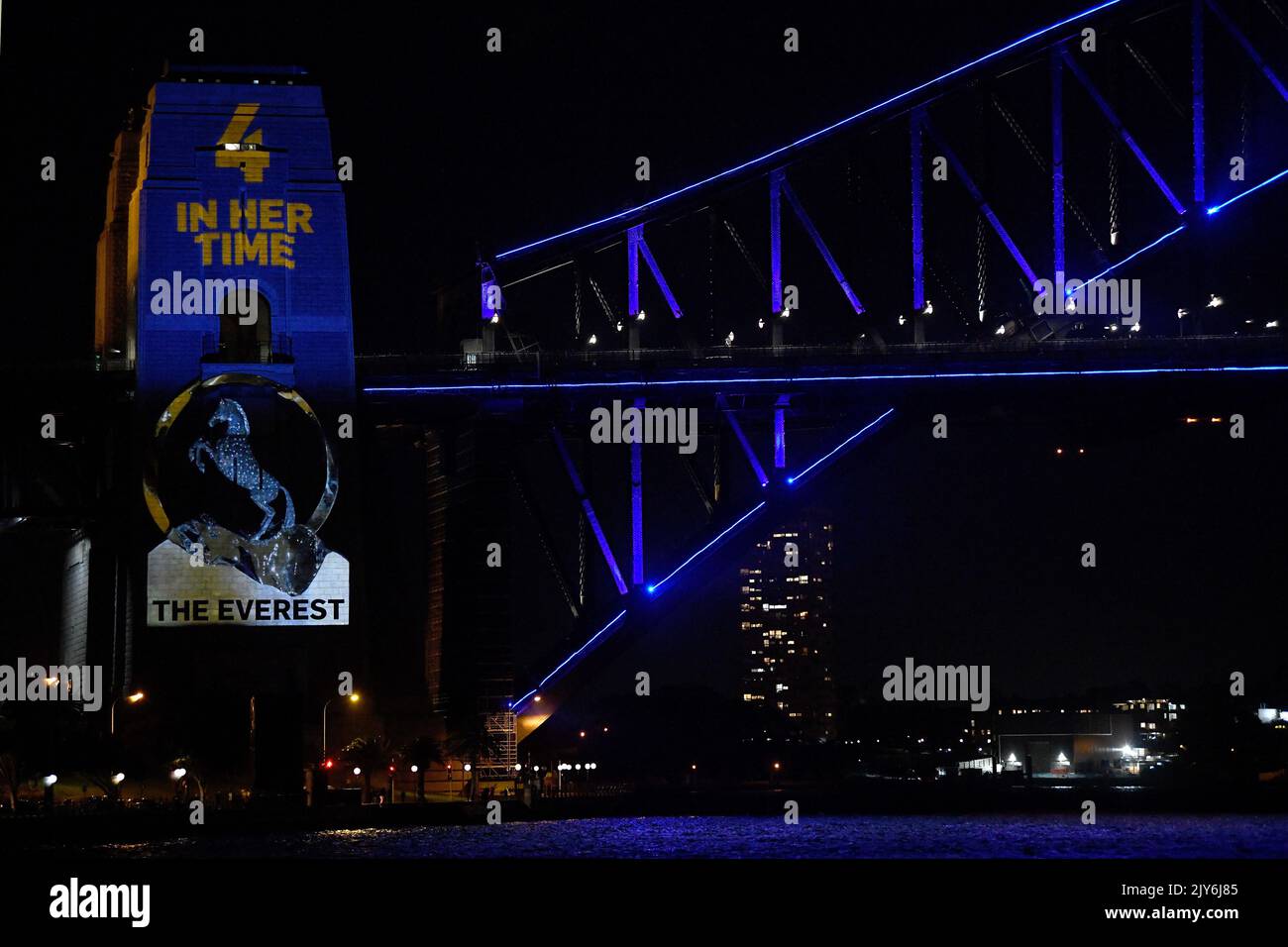 In Her Time's barrier draw is projected on a pylon of the Sydney Harbour Bridge in Sydney ...