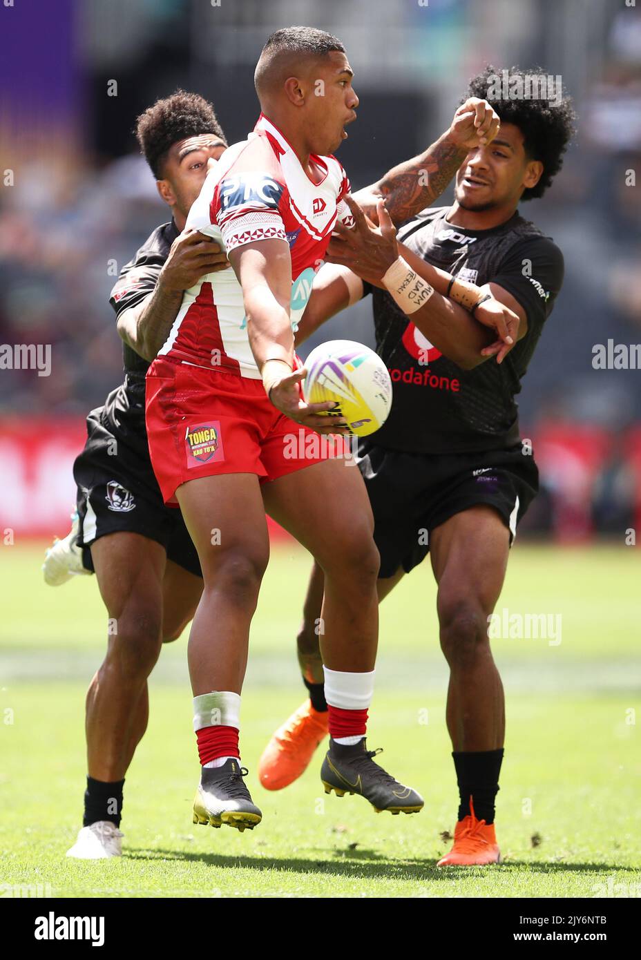 Fanitesi Niu of Tonga runs the ball in the Men's Pool game between ...