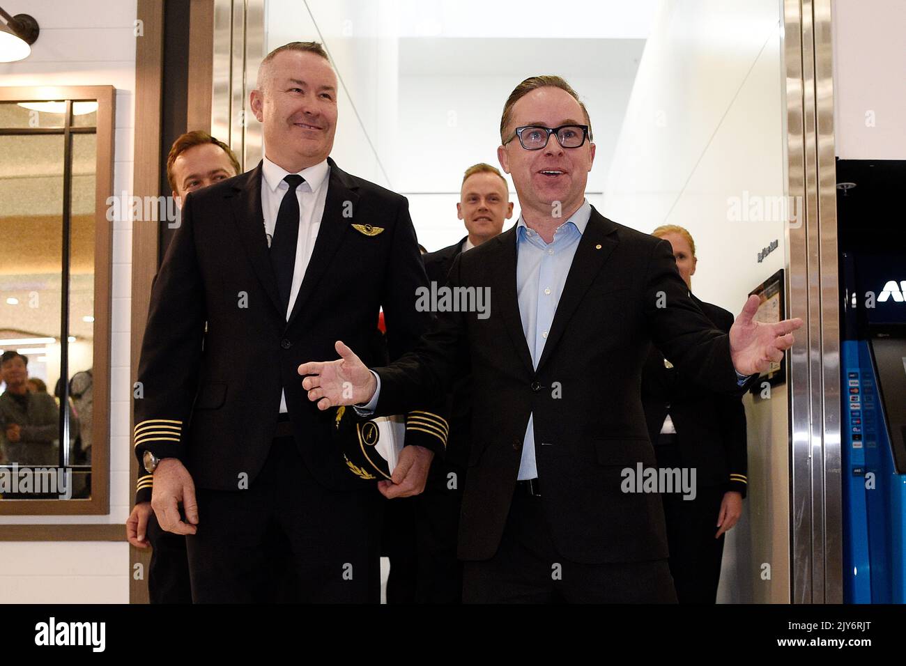 (L-R) Qantas Captain Sean Golding and Qantas Group CEO Alan Joyce are ...