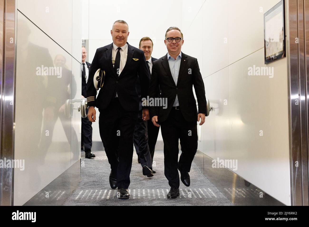 (L-R) Qantas Captain Sean Golding and Qantas Group CEO Alan Joyce are ...