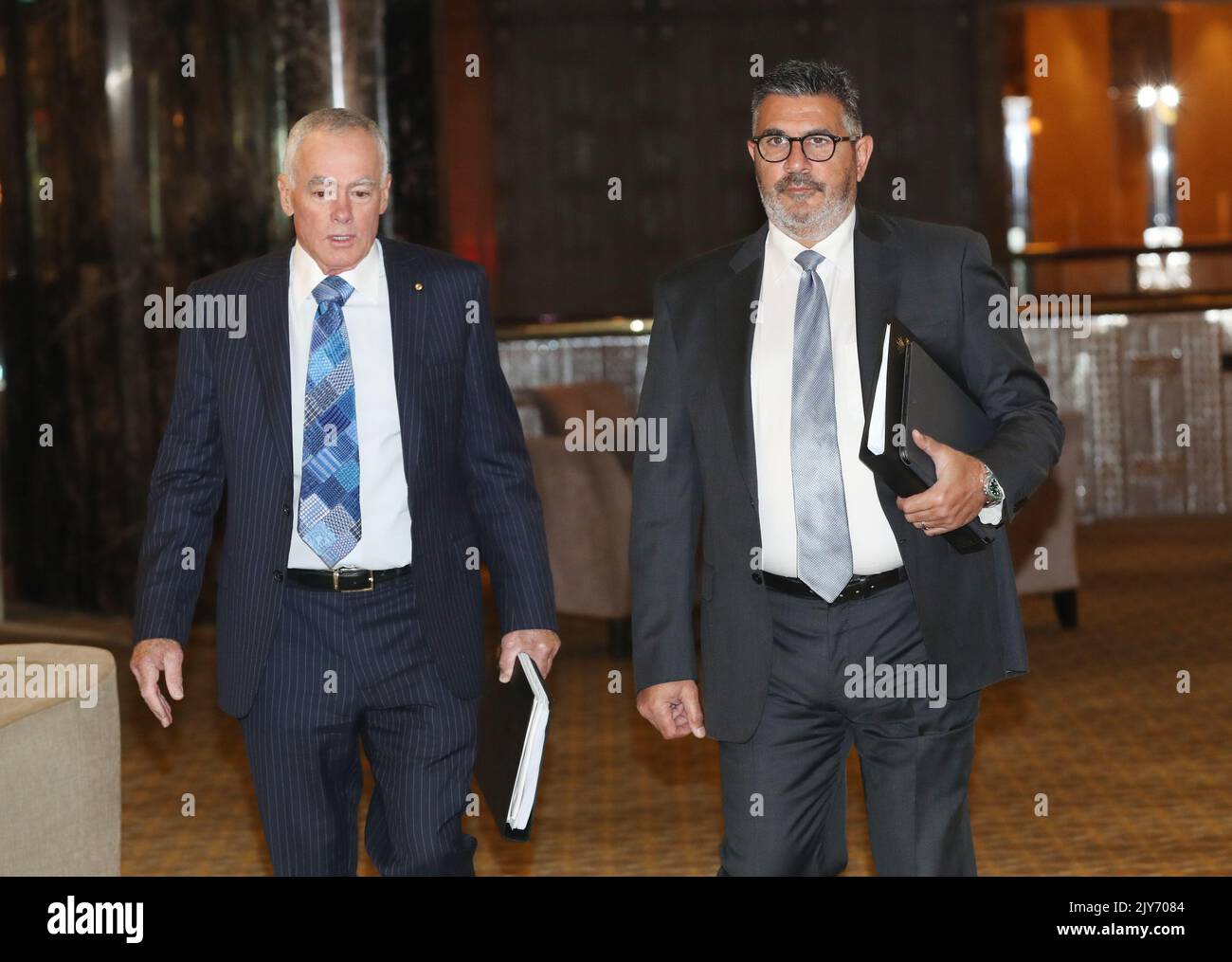 Non-executive directors John Poynton and Andrew Demetriou arrive for ...
