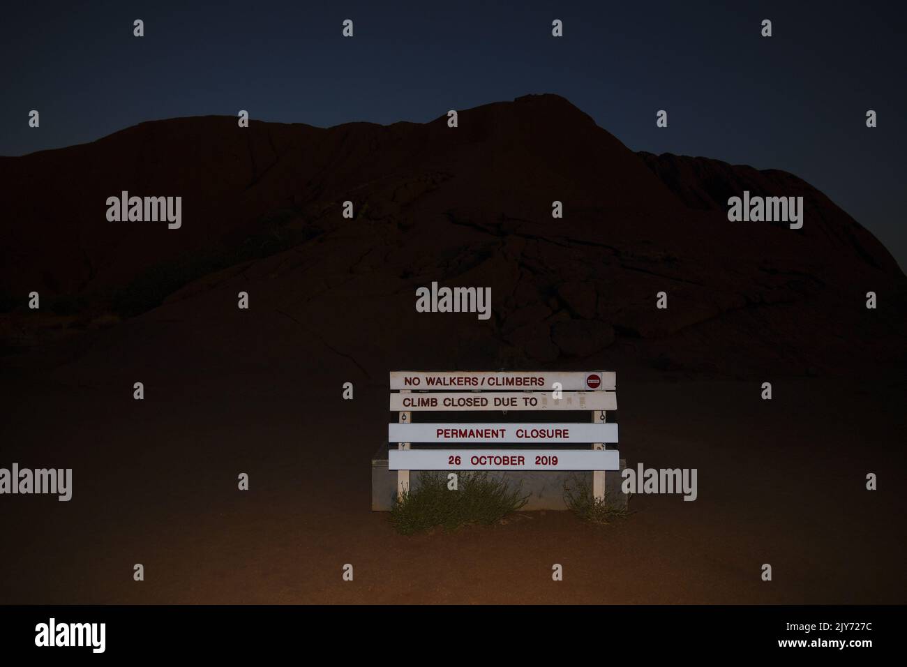 The newly installed sign indicating the permanent closure of the climb ...