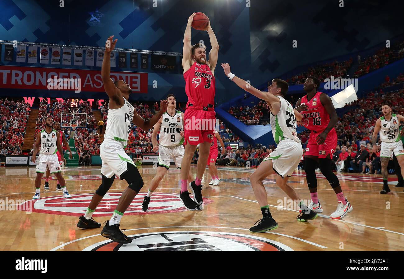 Nicholas Kay of the Wildcats takes a rebound during the Round 4 NBL ...