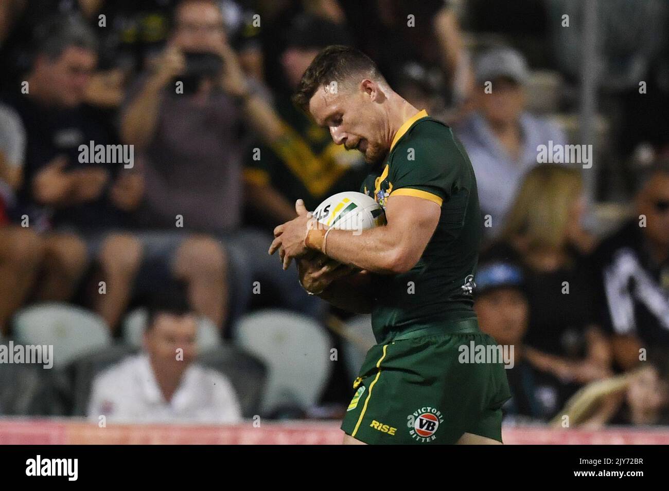 Damien Cook of the Kangaroos celebrates his try during the Oceania Cup ...