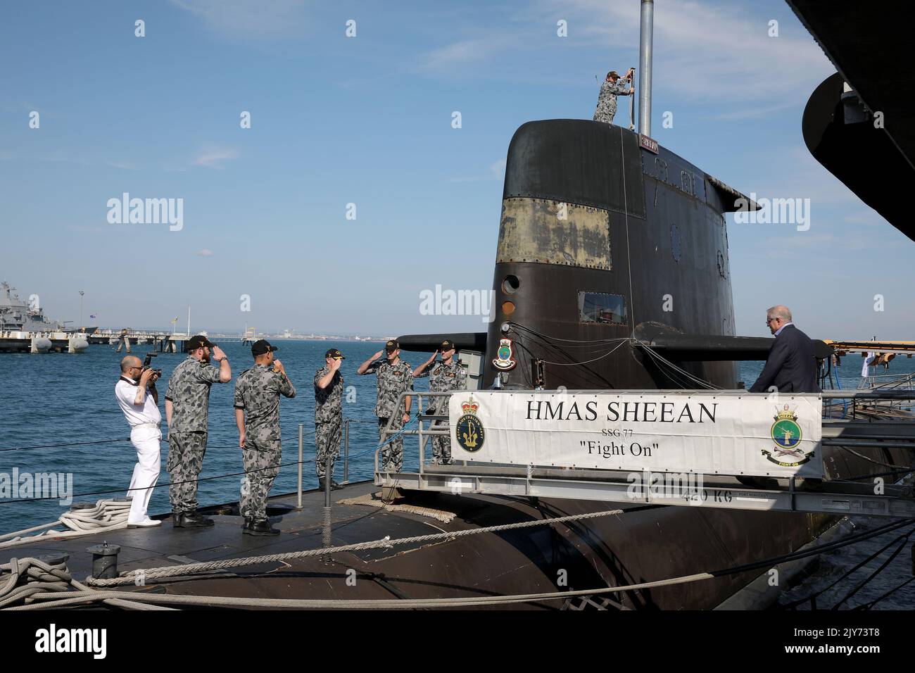 Prime Minister Scott Morrison is seen boarding HMAS Sheean, a Collins ...