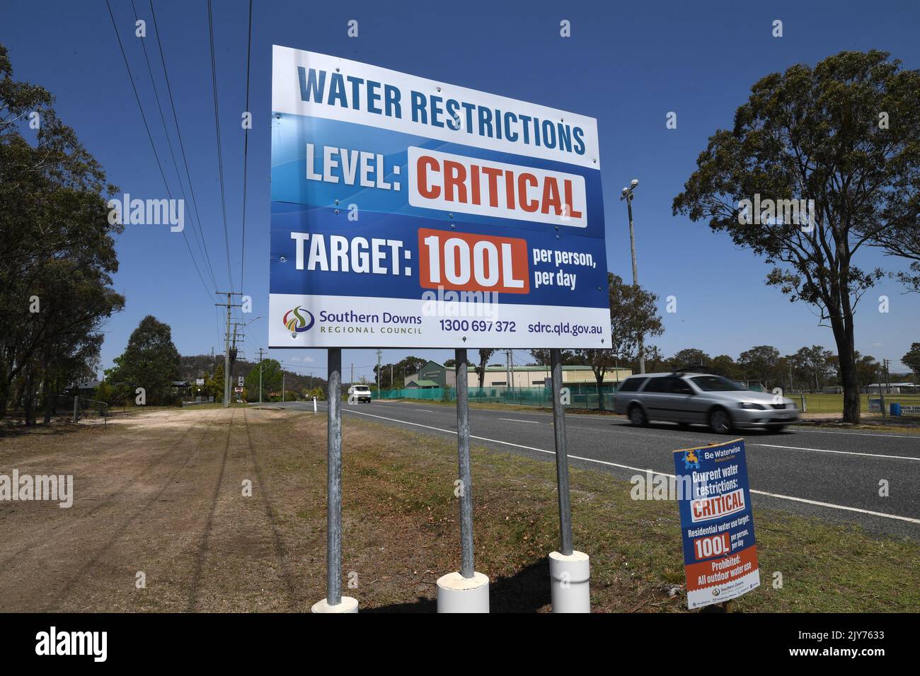 A water restrictions sign is seen at the entrance to Stanthorpe ...