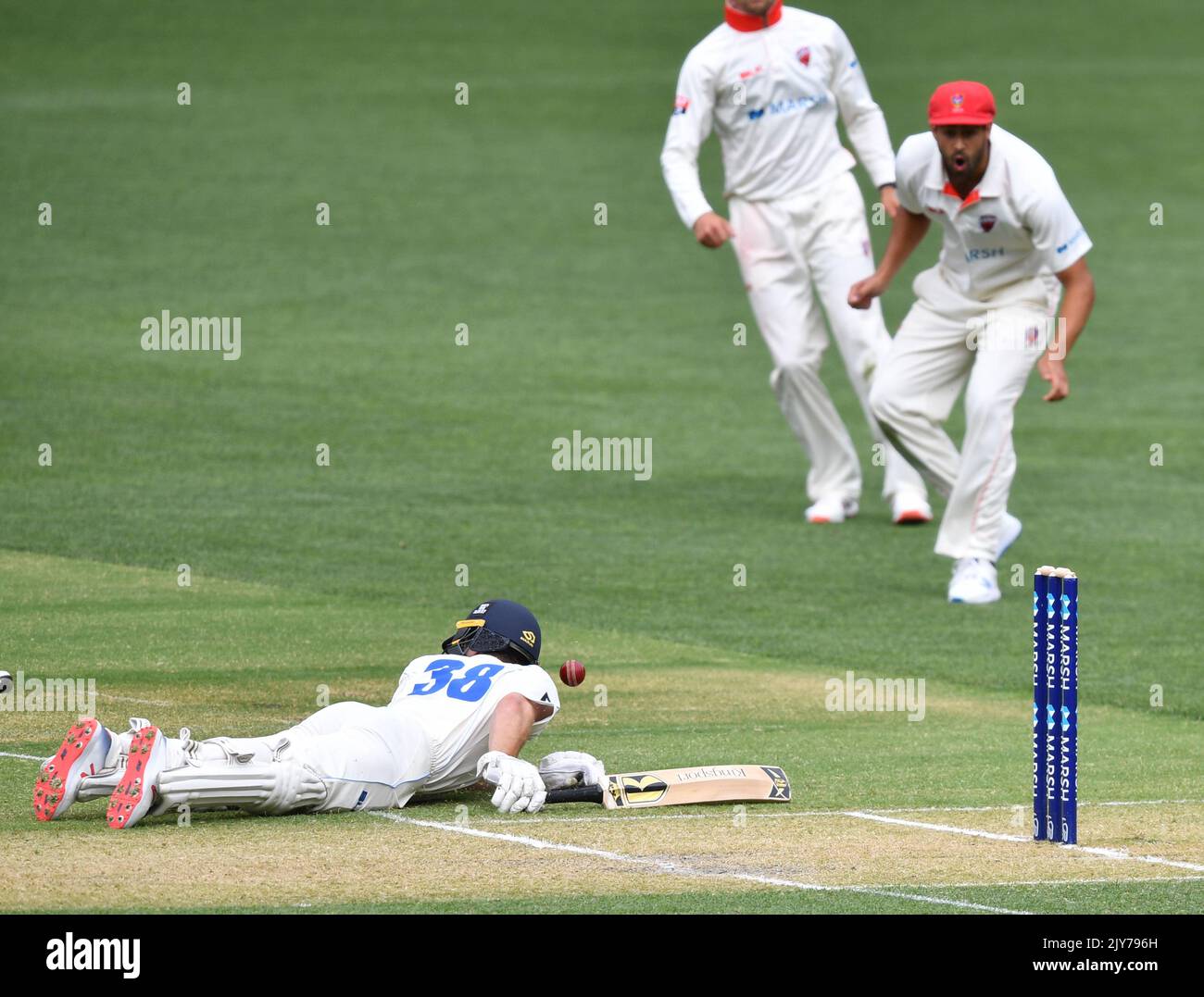 Daniel Solway of the Blues slides to the crease during the Marsh ...