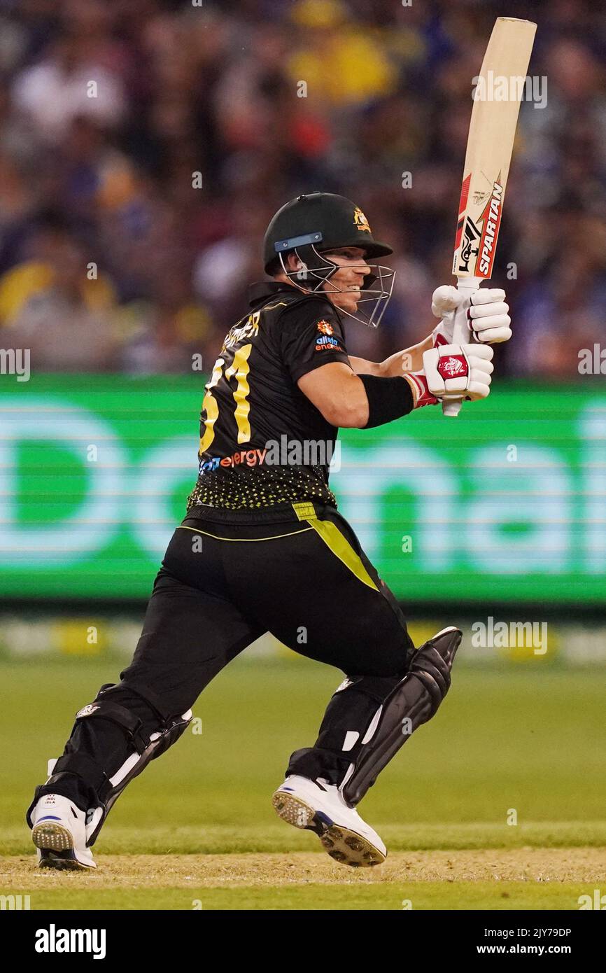 David Warner of Australia bats during the T20 International match ...