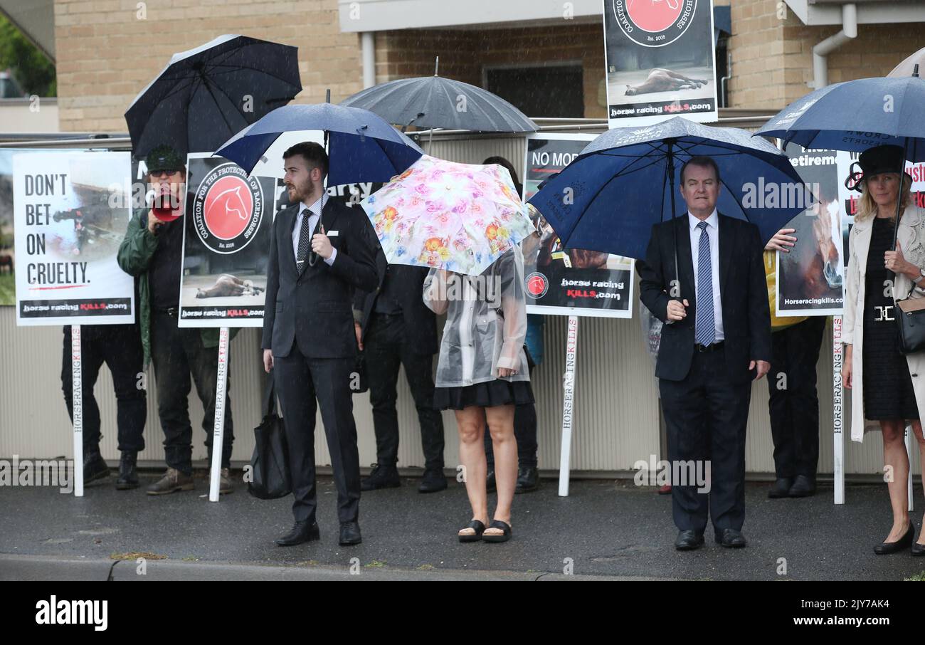 Animal activists stage a protest during Derby Day outside Flemington ...