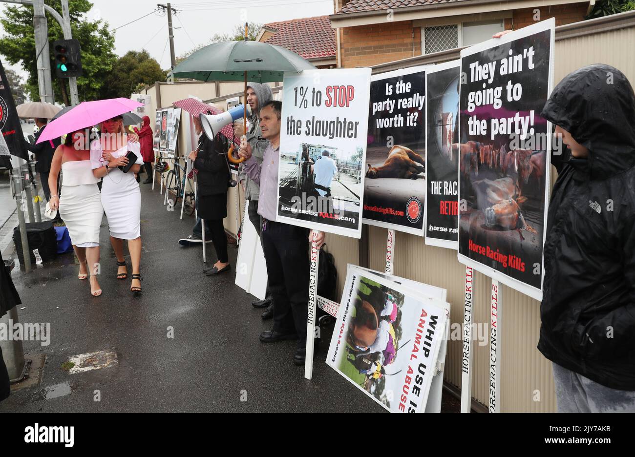 Animal activists stage a protest during Derby Day outside Flemington ...