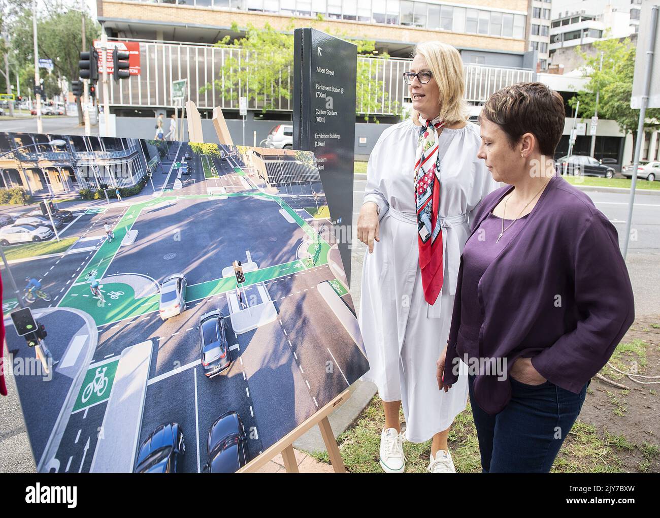 Melbourne Lord Mayor Sally Capp (left) and the Victorian Minister for Roads Jaala Pulford look ...
