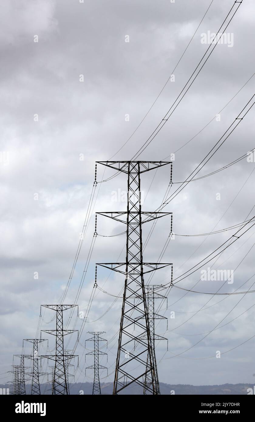 Power lines at the AGL Power Station at Torrens Island in Adelaide ...