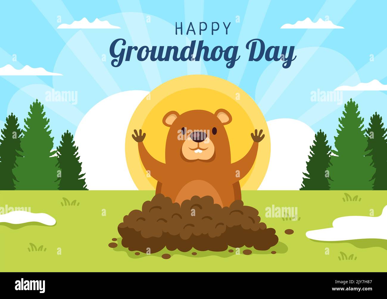 Happy Groundhog Day on February 2 with Cute Marmot Character and Garden ...