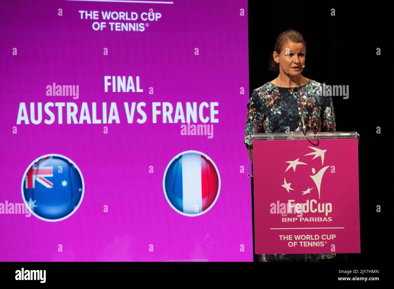 ITF Referee Clare Wood speaks during the official draw of 2019 Fed Cup ...