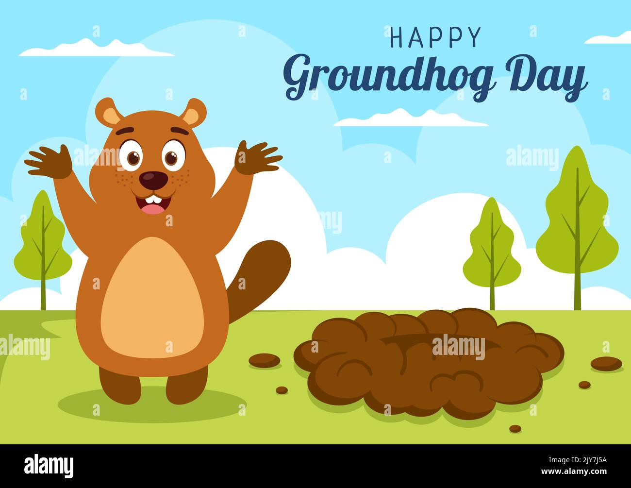 Happy Groundhog Day on February 2 with Cute Marmot Character and Garden ...