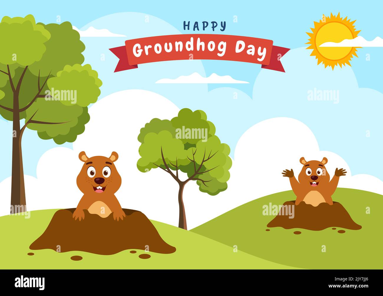 Happy Groundhog Day on February 2 with Cute Marmot Character and Garden ...