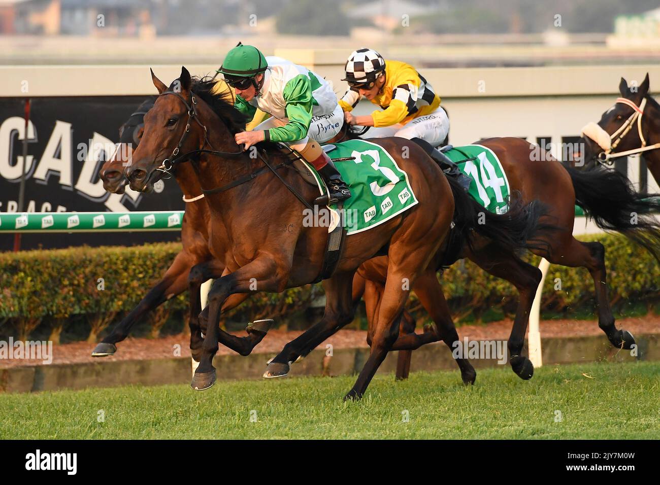 Jockey Jim Byrne rides Outback Barbie to victory in race 10, the Keith ...
